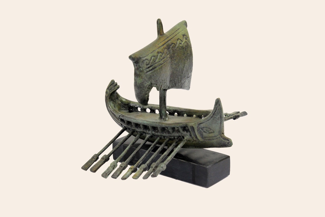 Penteconter Bronze Ship Statue Table Top Display, Trireme Ship ...