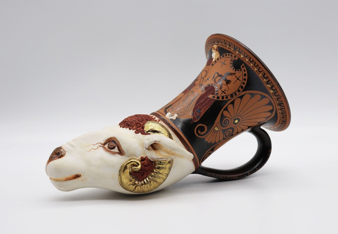 Rhyton Cup, Greek Pottery, Ram Head Replica, Red Figure Pottery, Rare ...