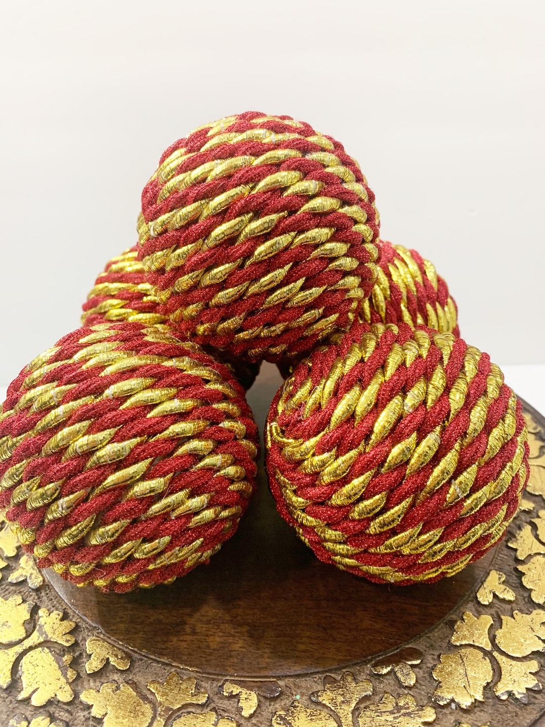 Red and Gold Tinsel Wrapped Decorative Rope Ornament Balls, Wreath ...