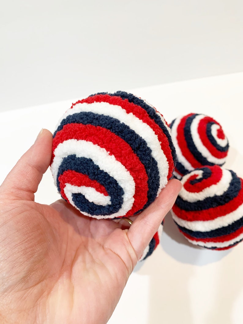 Patriotic Decorative Yarn Ornament Balls: Red, White, and Navy Blue ...