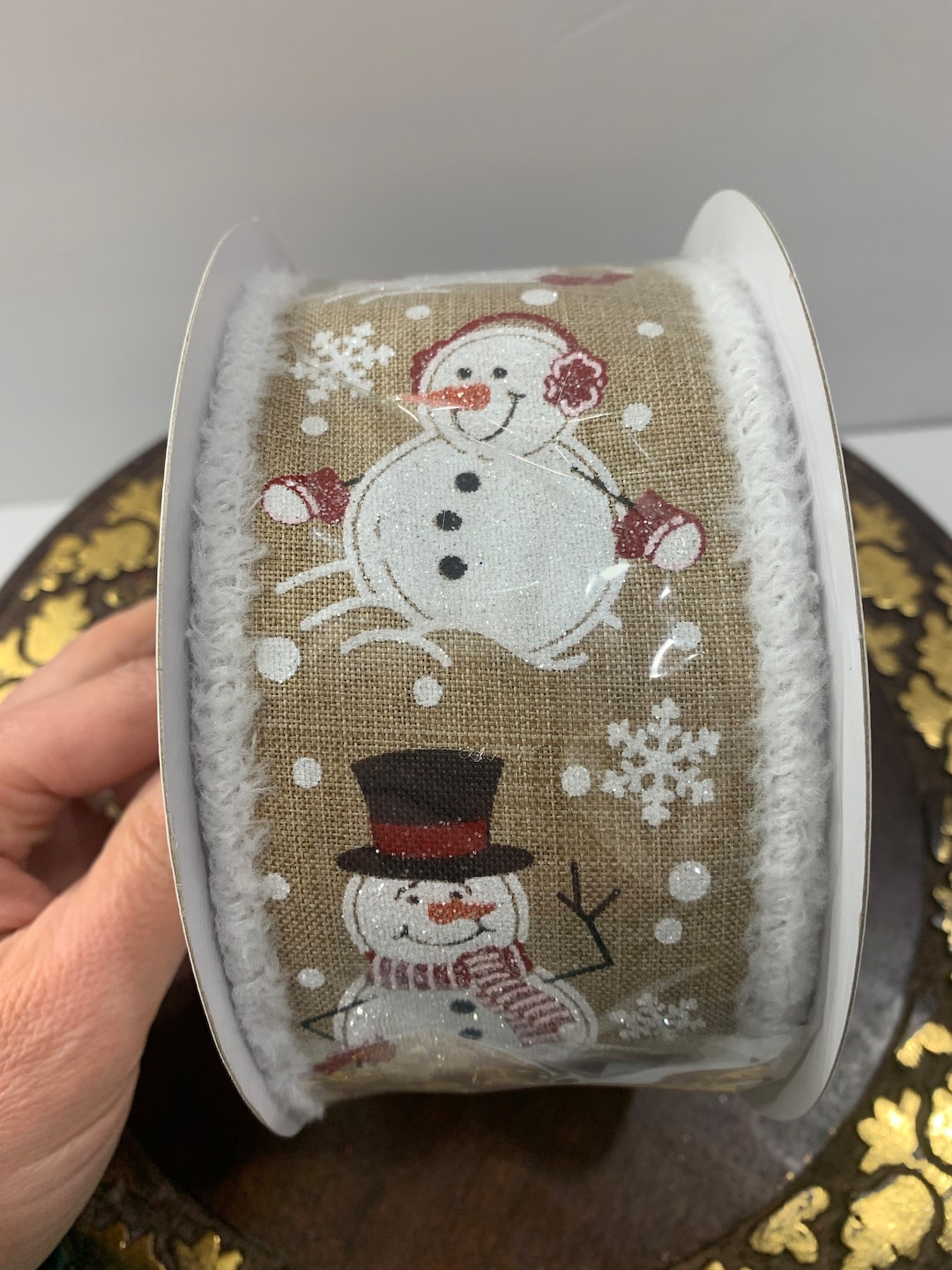Snowman Wired Ribbon With White Fuzzy Trim 10 YARD ROLL of 2.5 Inch ...
