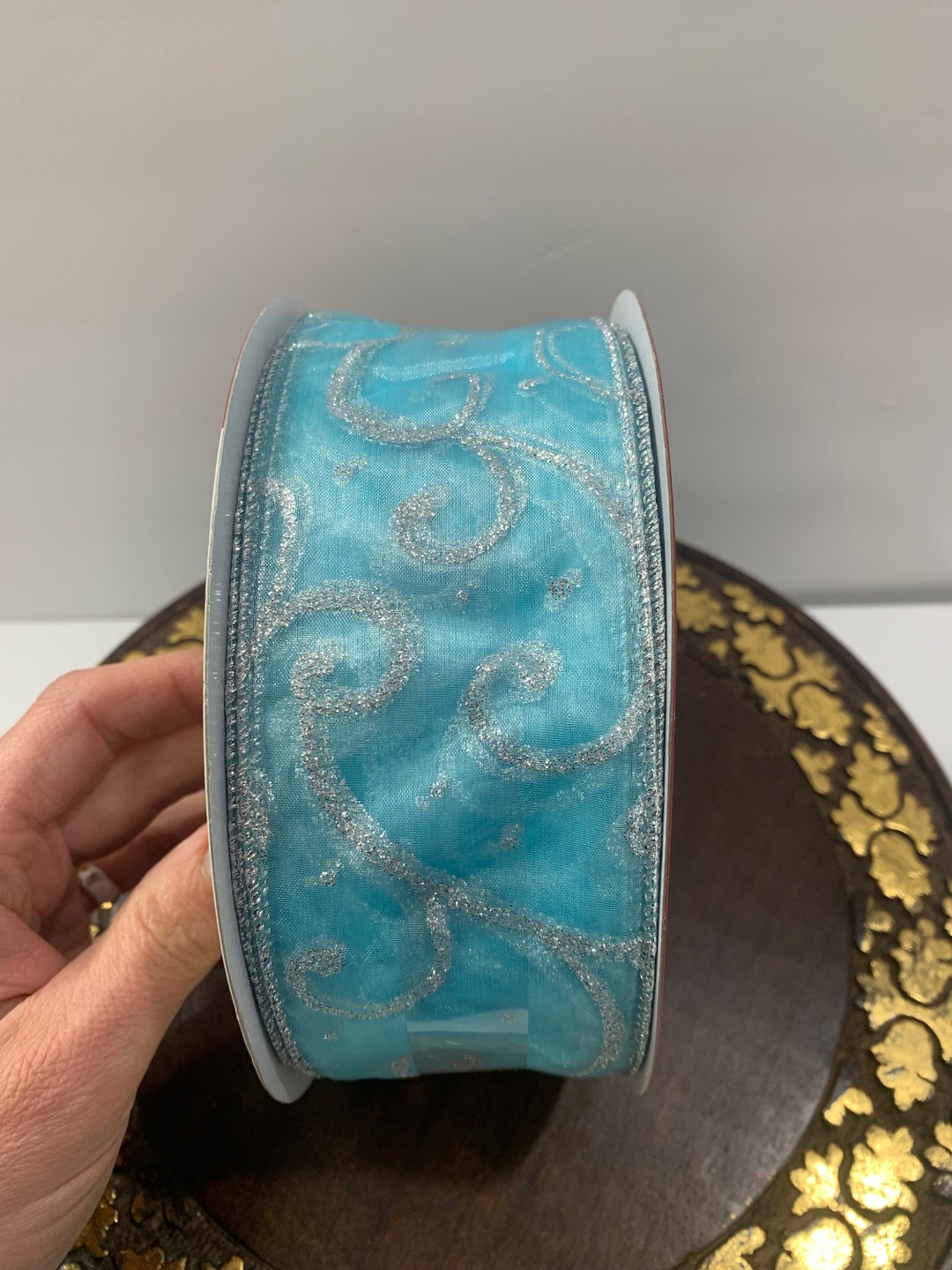 Light Blue Sheer Glitter Swirl Ribbon, WIRED 100 Feet Roll 2.5 Inch ...