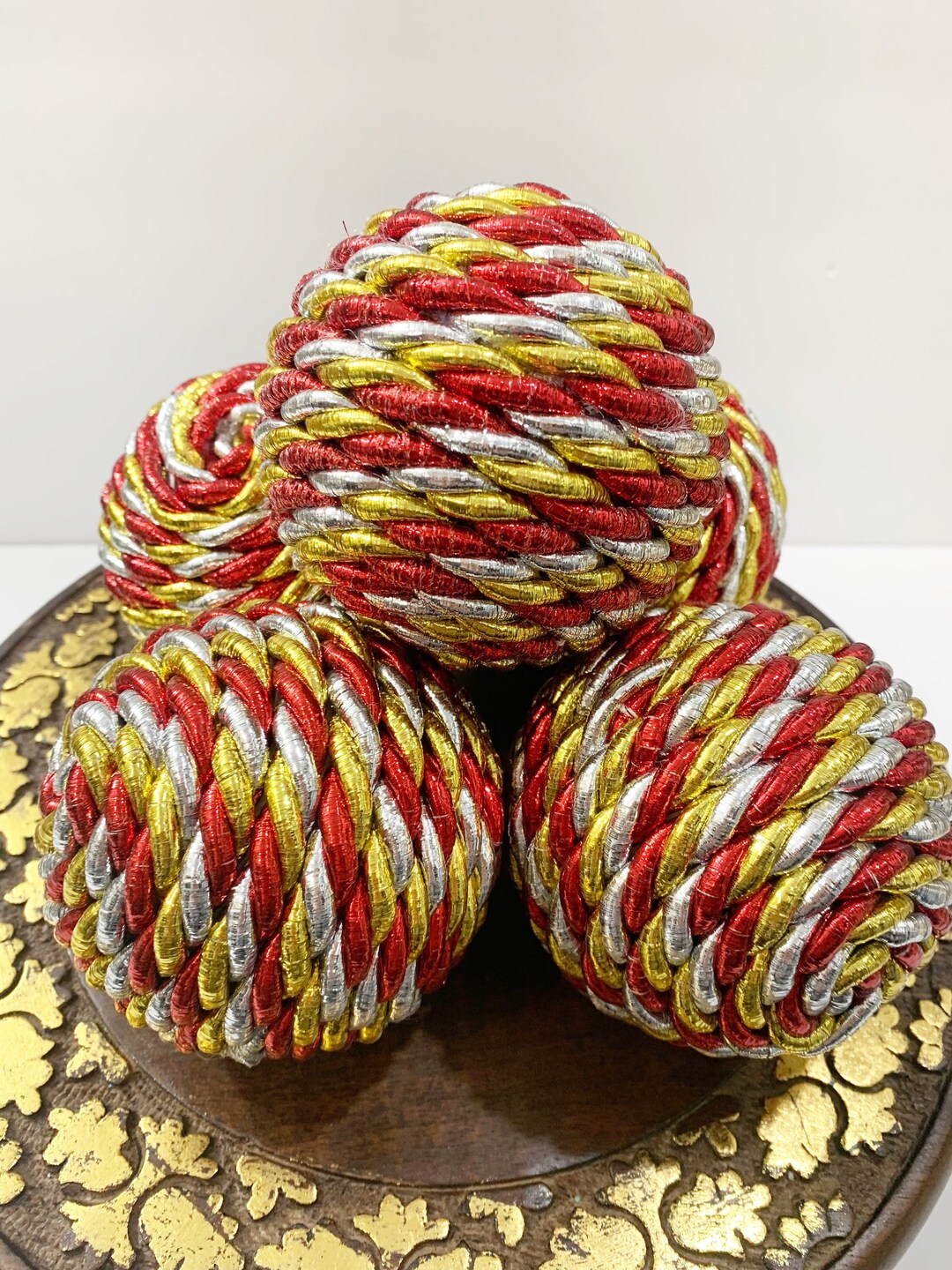 Tinsel Wrapped Rope Balls: Red, Silver, Gold Orbs - Set of 5 - Etsy