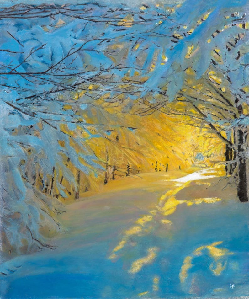Original Art, Oil Pastel, Winter Scene, Sunny Winter Day, Fresh ...