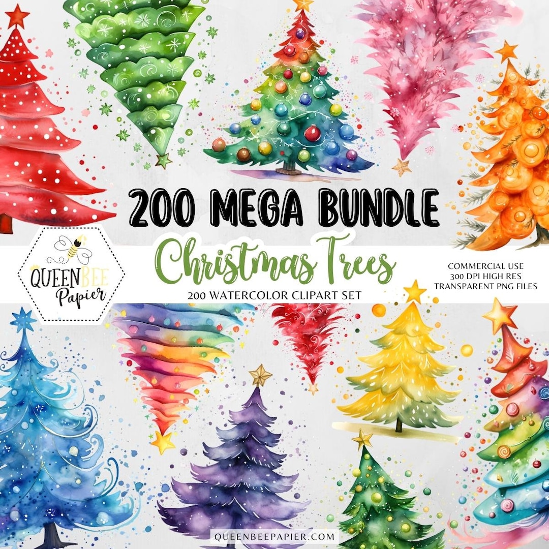 200 Watercolor Christmas Trees Clipart Mega Bundle, Whimsical Festive ...