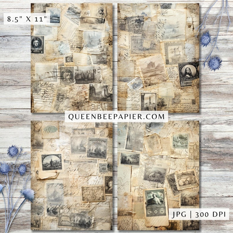 Postage Stamps Digital Paper, Vintage Grunge Postage Stamp Collage ...