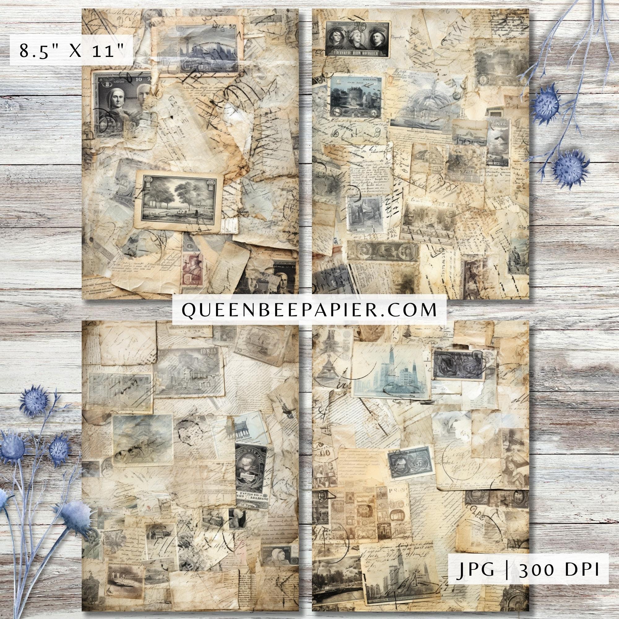 Postage Stamps Digital Paper, Vintage Grunge Postage Stamp Collage ...