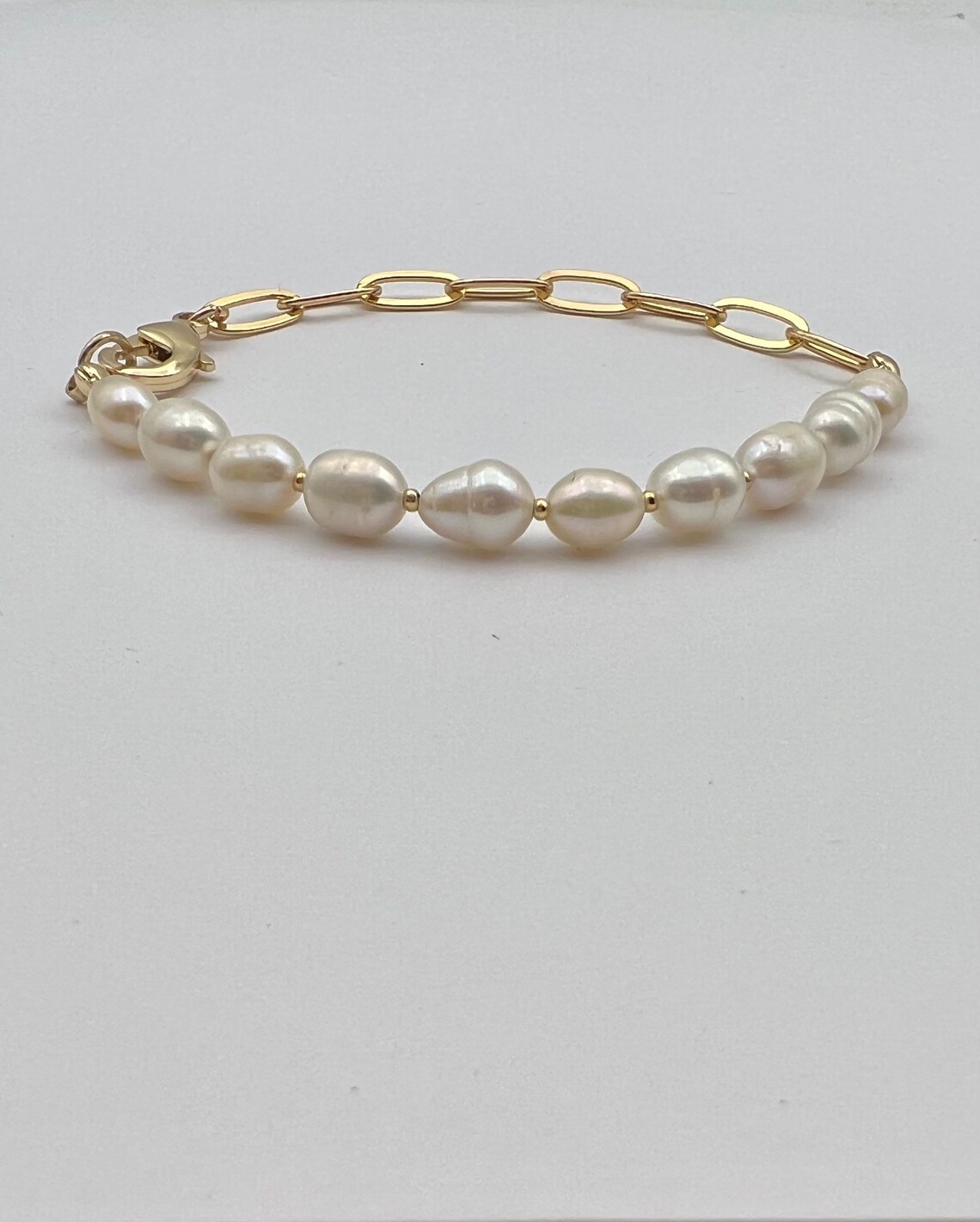 14k Gold Filed Link Chain Bracelet With Natural Pearls, Half Chain Half ...