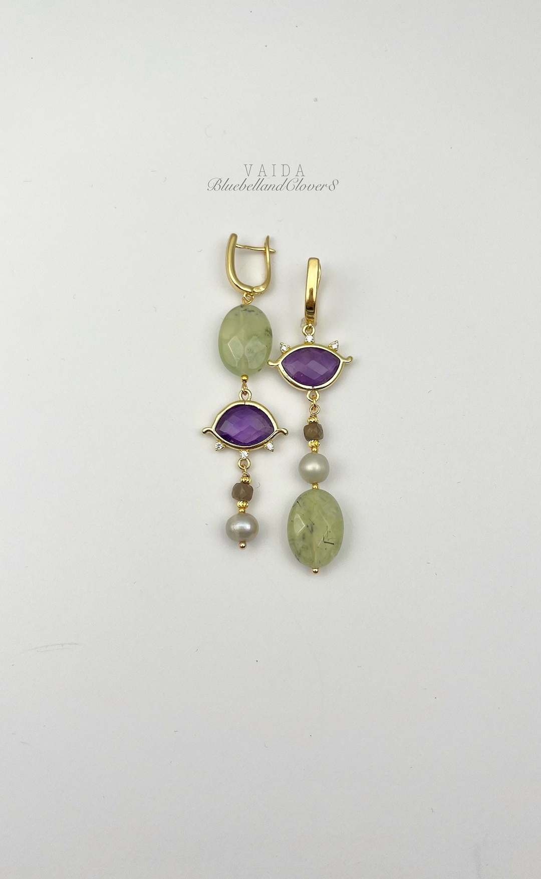 Amethyst and Prehnite Moonstone Pearl Asymmetric Earrings Mismatched ...