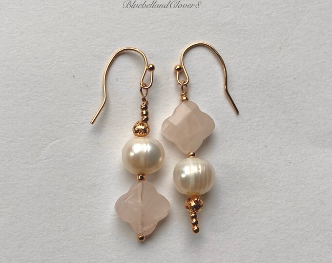Baroque Pearls and Rose Quartz Gold Earrings Asymmetric Gemstone ...