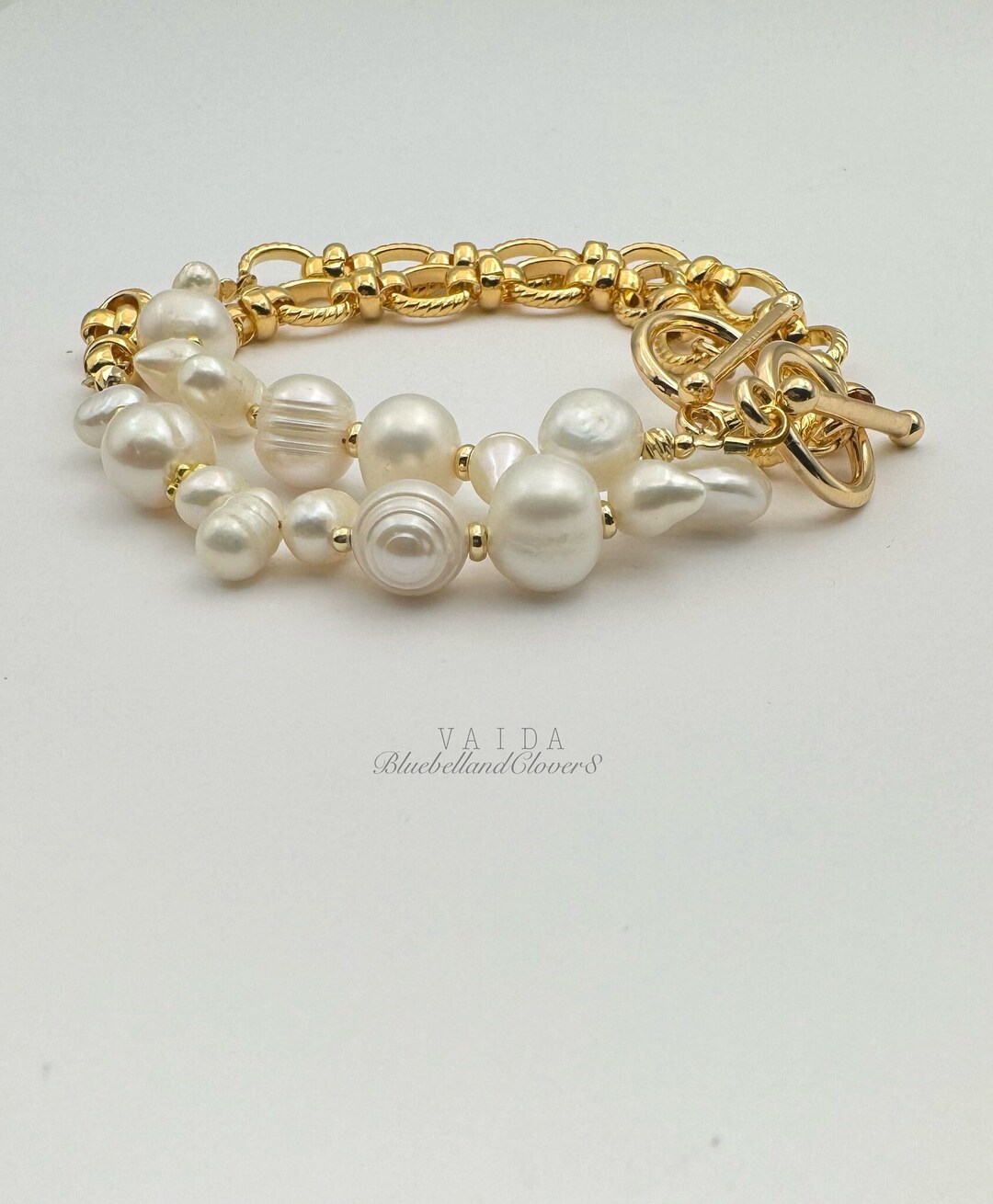 Chunky Chain Link 14k Gold Filed Bracelet With Natural Pearl, Statement ...