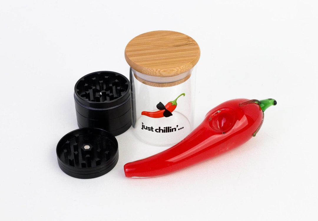 Chili Pepper Smoking Set - Handmade Glass Pipe, Airtight Jar & Herb ...