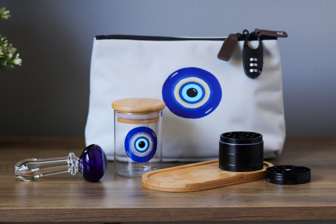 Evil Eye Smell Proof Stash Set: Pouch, Airtight Glass Pipe/ Bowl ...