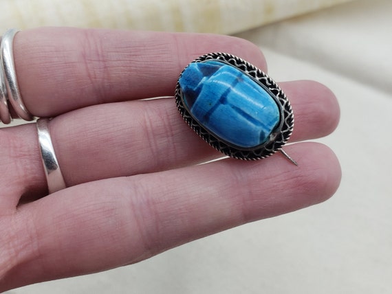Egyptian Scarab Brooch - Blue & Silver Glazed Beetle … - Gem