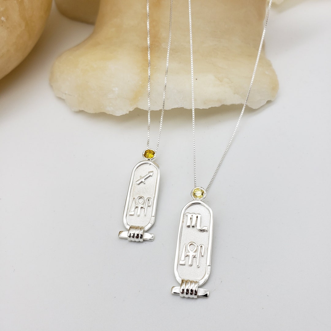 Birthstone Zodiac Cartouche Necklace- Made in Egypt - Sterling Silver ...