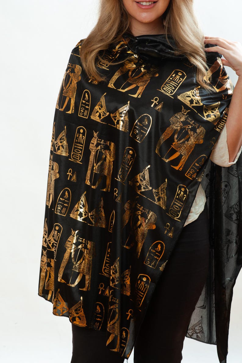 Hieroglyphic Pharaonic Scarf - Black/gold Rayon - Made in Egypt ...
