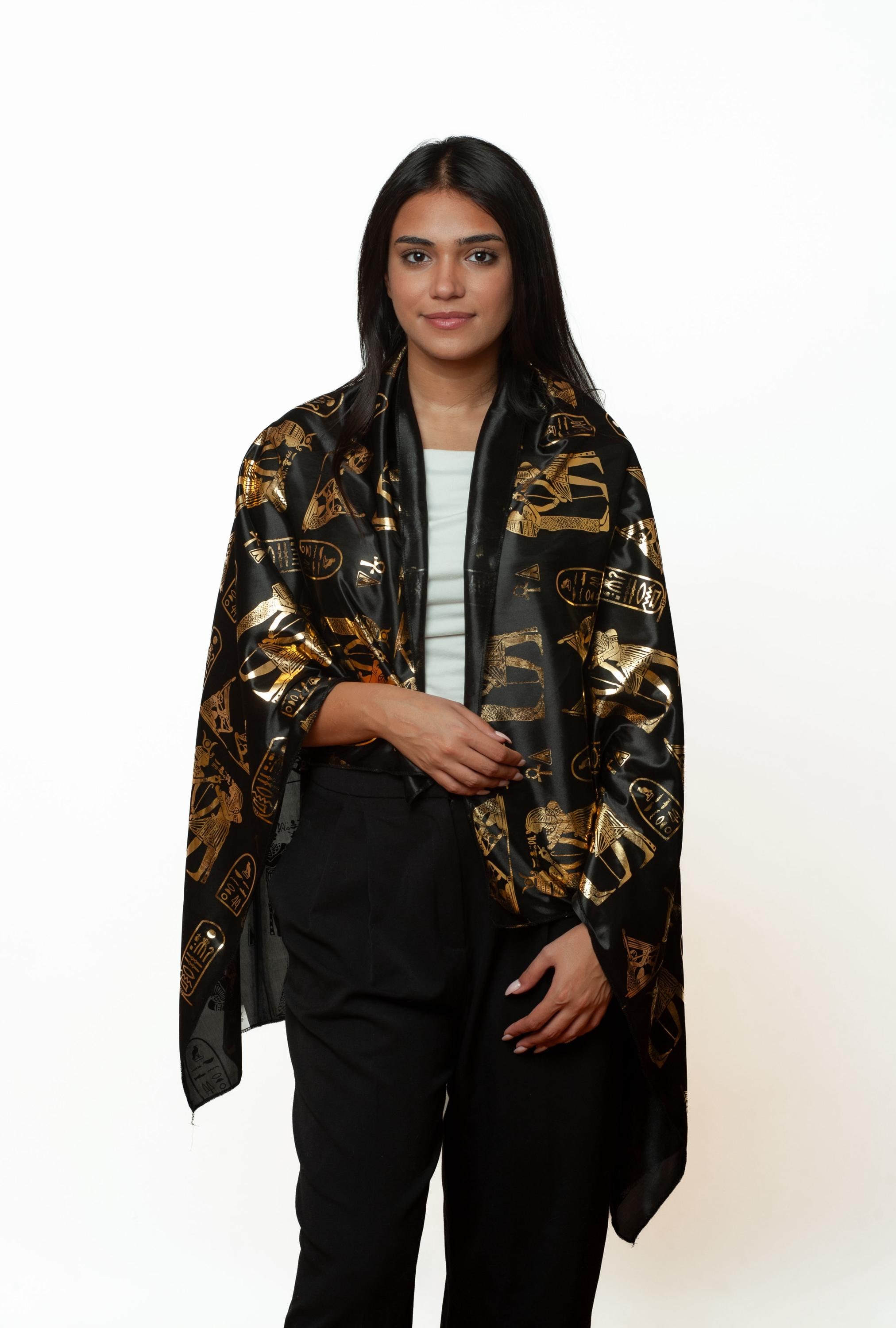 Hieroglyphic Pharaonic Scarf - Black/gold Rayon - Made in Egypt ...