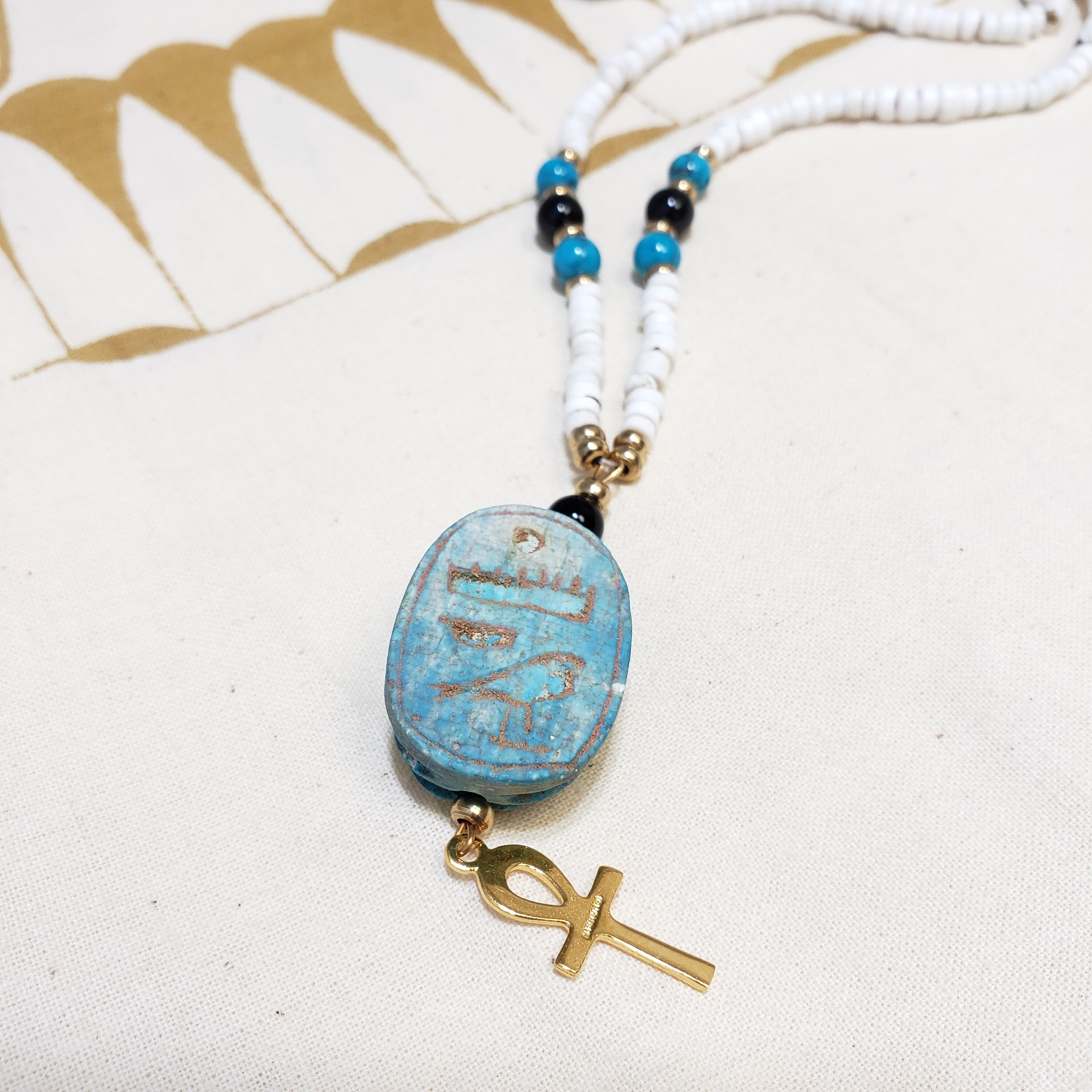 Egyptian Scarab and Ankh Statement Necklace Ceramic Beaded - Etsy