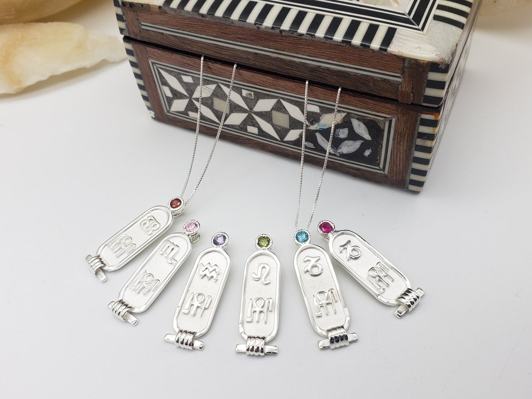 Birthstone Zodiac Cartouche Necklace- Made in Egypt - Sterling Silver ...