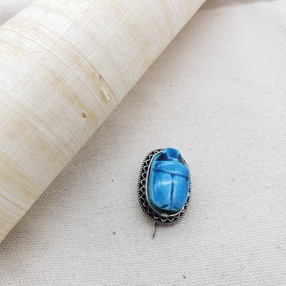 Egyptian Scarab Brooch - Blue & Silver Glazed Beetle … - Gem