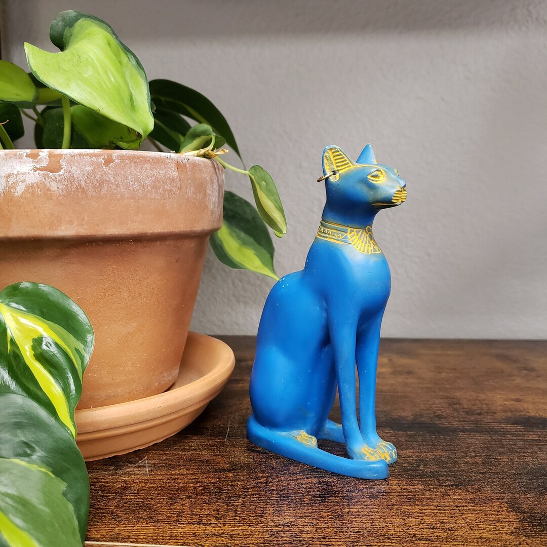 Egyptian Royal Blue Bastet Cat With Earring Statue Made in - Etsy