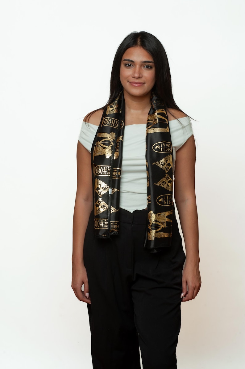 Hieroglyphic Pharaonic Scarf - Black/gold Rayon - Made in Egypt ...