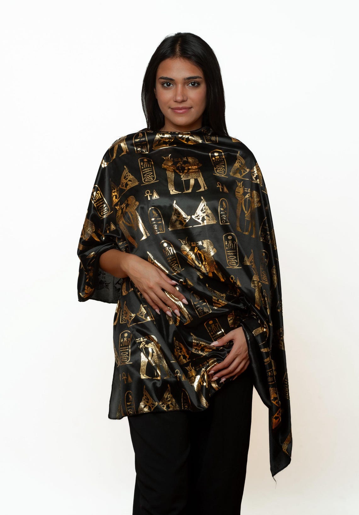 Hieroglyphic Pharaonic Scarf - Black/gold Rayon - Made in Egypt ...