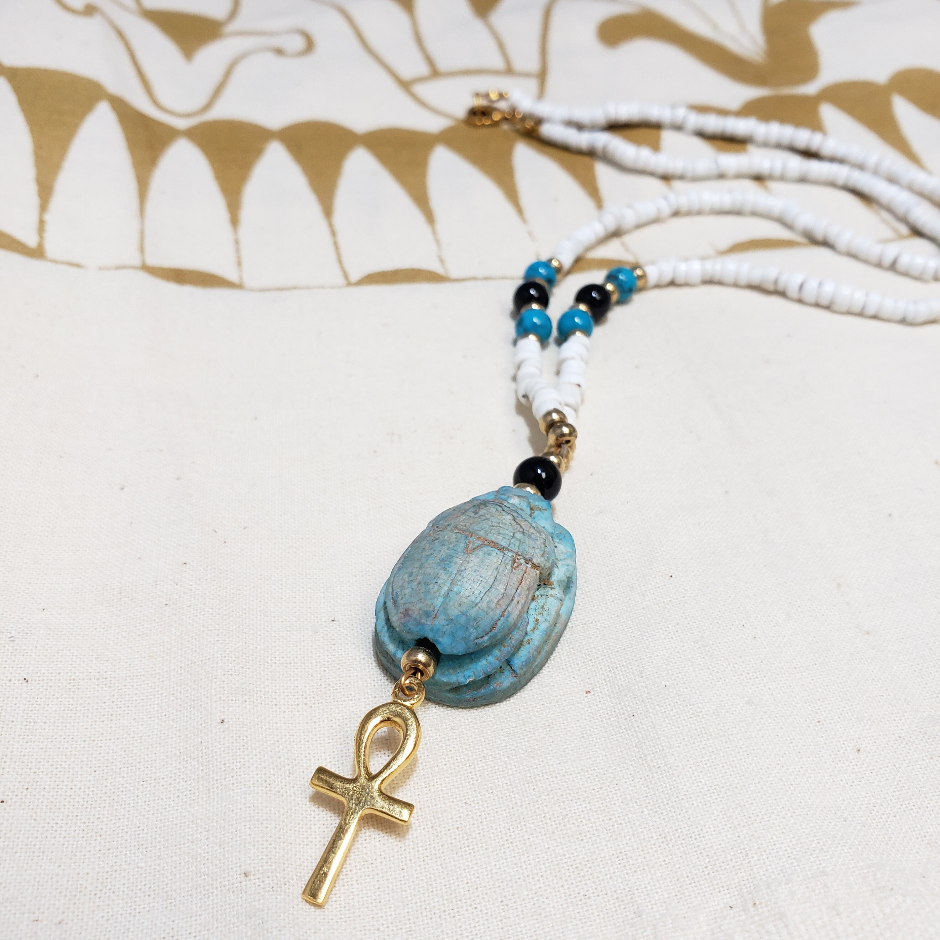 Egyptian Scarab and Ankh Statement Necklace Ceramic Beaded - Etsy