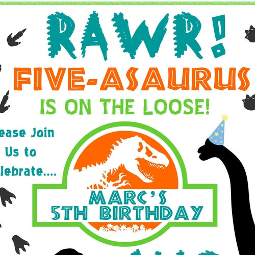 Dinosaur Birthday Invitation Five-asaurus on the Loose Boy - Etsy