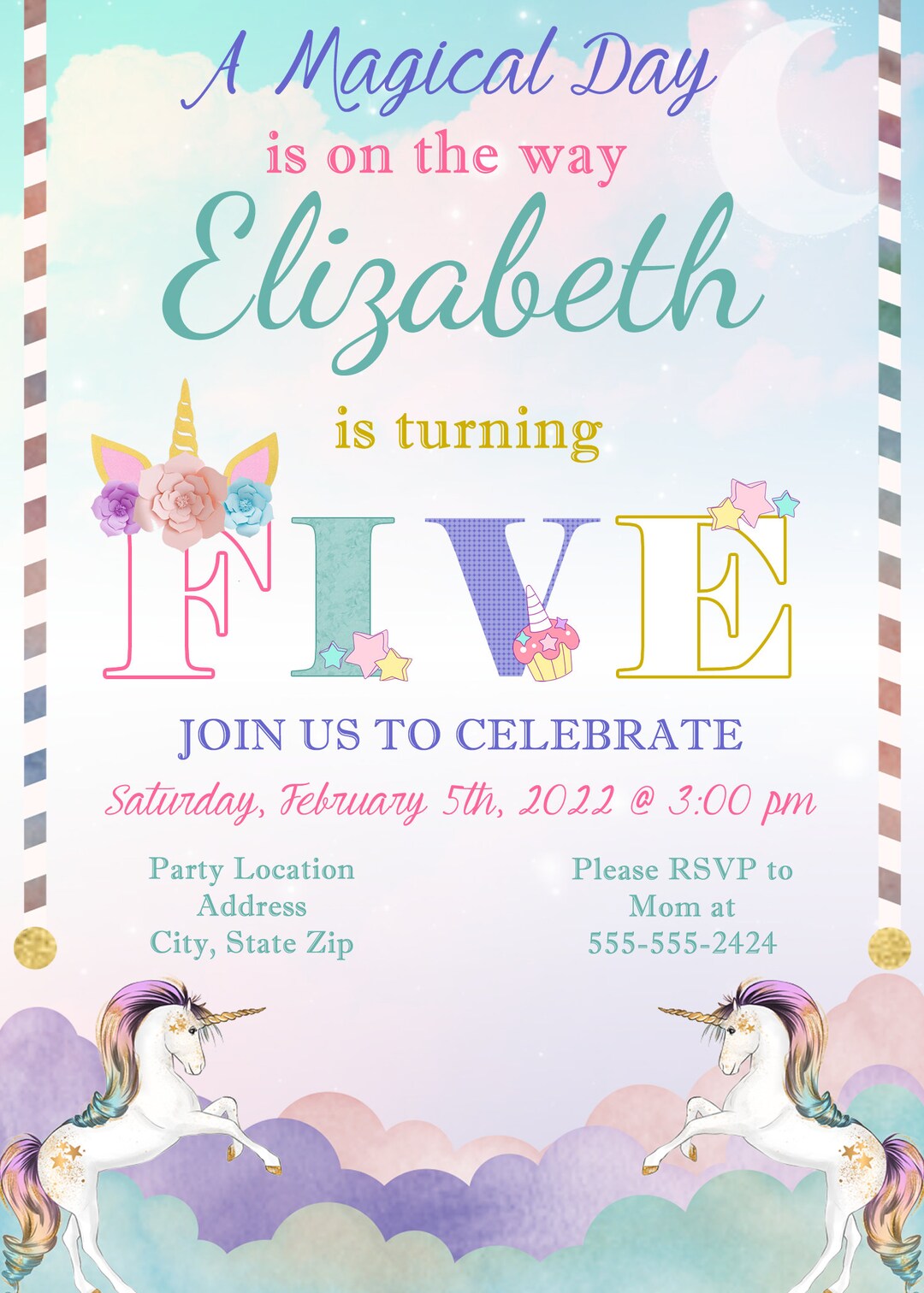 Unicorn Birthday Five Years Birthday Invitation, Unicorns Birthday ...