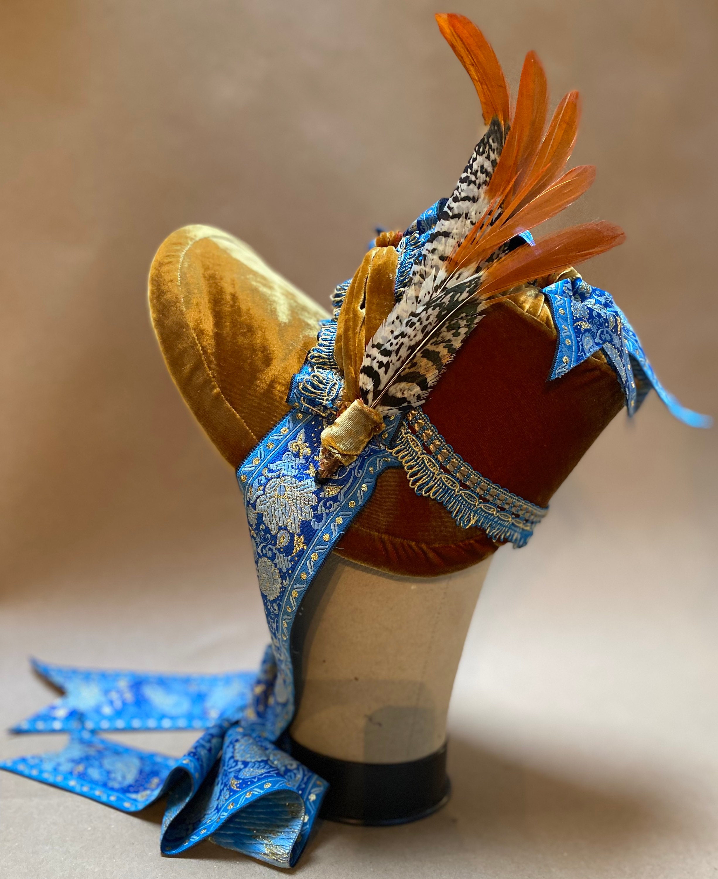 1880s Small Frame Bonnet With Antique Ribbon, Feathers and Silk Velvet ...