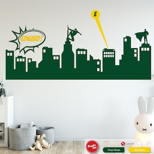 Superhero City Skyline Personalised Wall Sticker Boys Superheroes ...