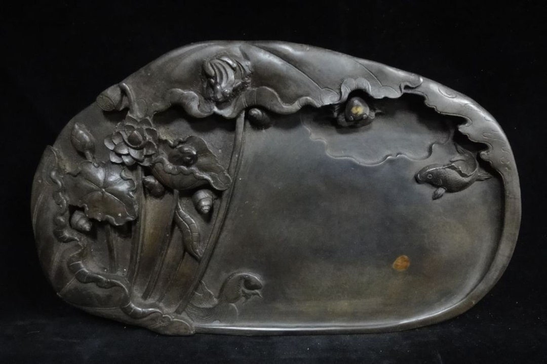 Large Old Chinese Inkstone Hand Carving Lotus and Fishes Ink Stone Ink ...