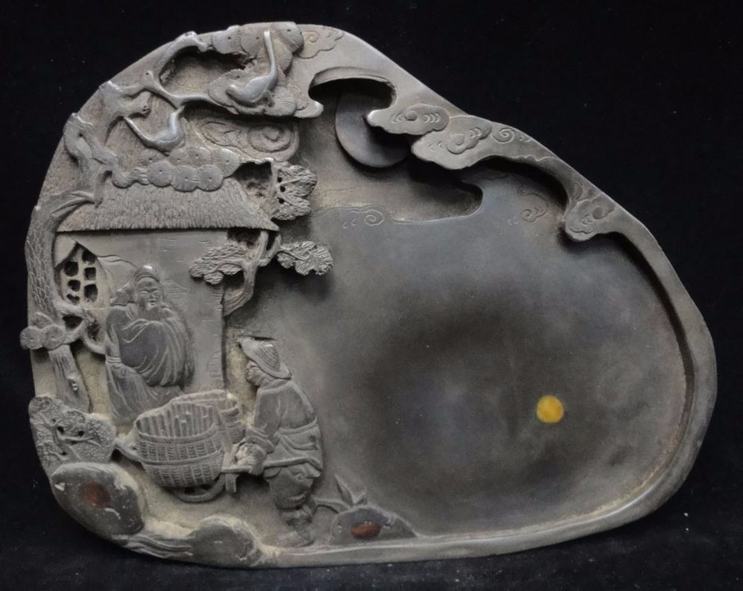 Rare Antiques Chinese Heavy Ink Stone Exquisite Hand Carving Figures ...