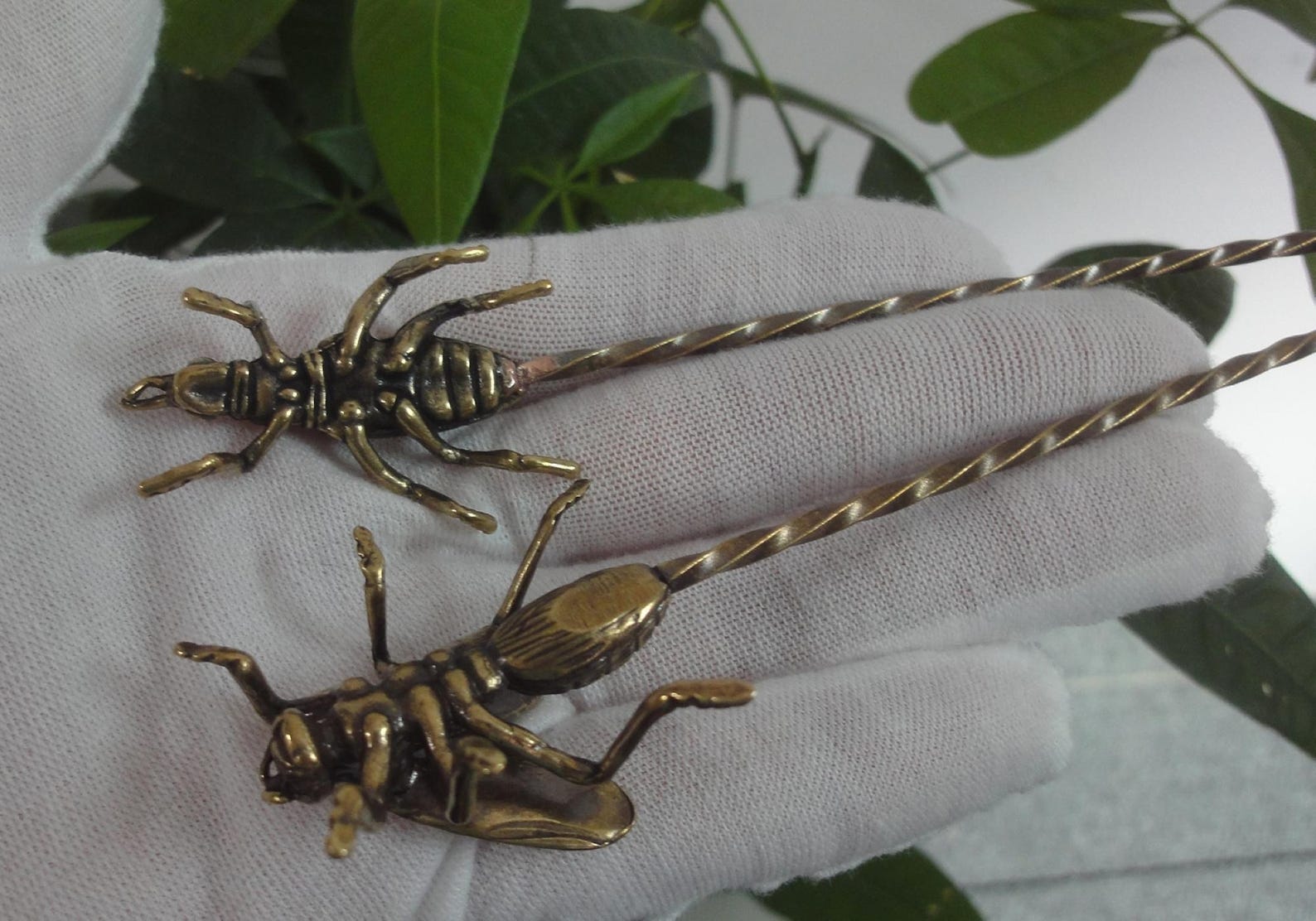A Pair of Long Retro Solid Brass Cricket and Bee Statues for Women ...