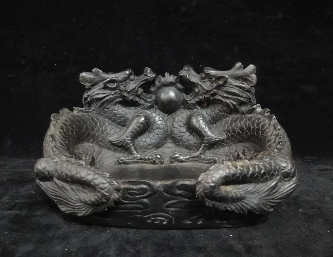 Old Chinese Hand Carved Two Dragons Ink Stone Ink Slab Mark With Ink ...