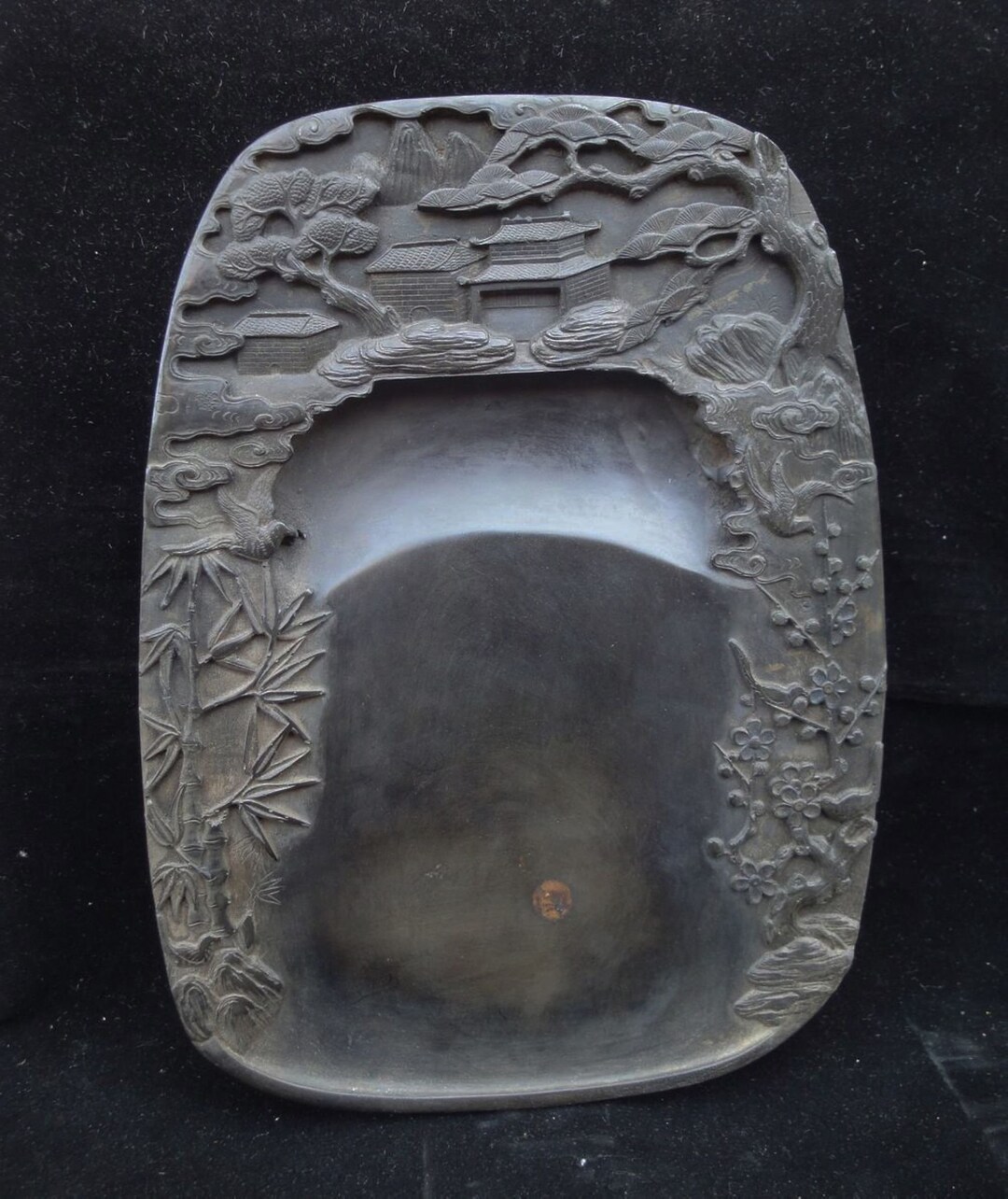 Hand-carved Large Exquisite Old Chinese Landscape Ink Stone Ink Slab ...