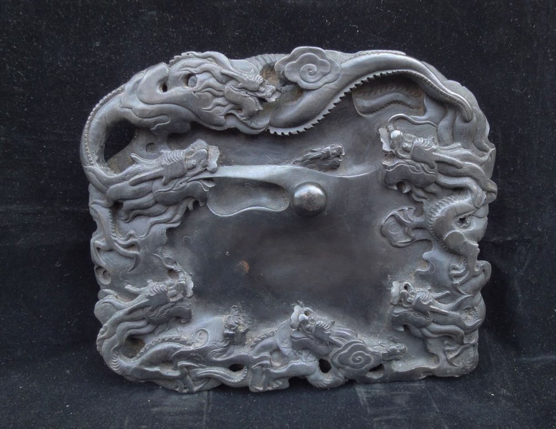 Large Antique Chinese Exquisite Hand Carving Dragons Ink Stone Ink Slab ...