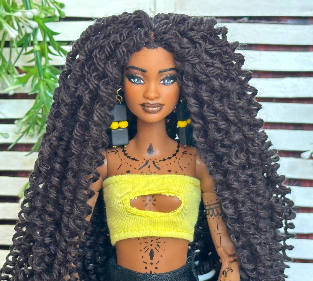 Custom Barbie Tattoo OOAK Doll Rerooted Curled Black Yarn Hair Tattoos ...