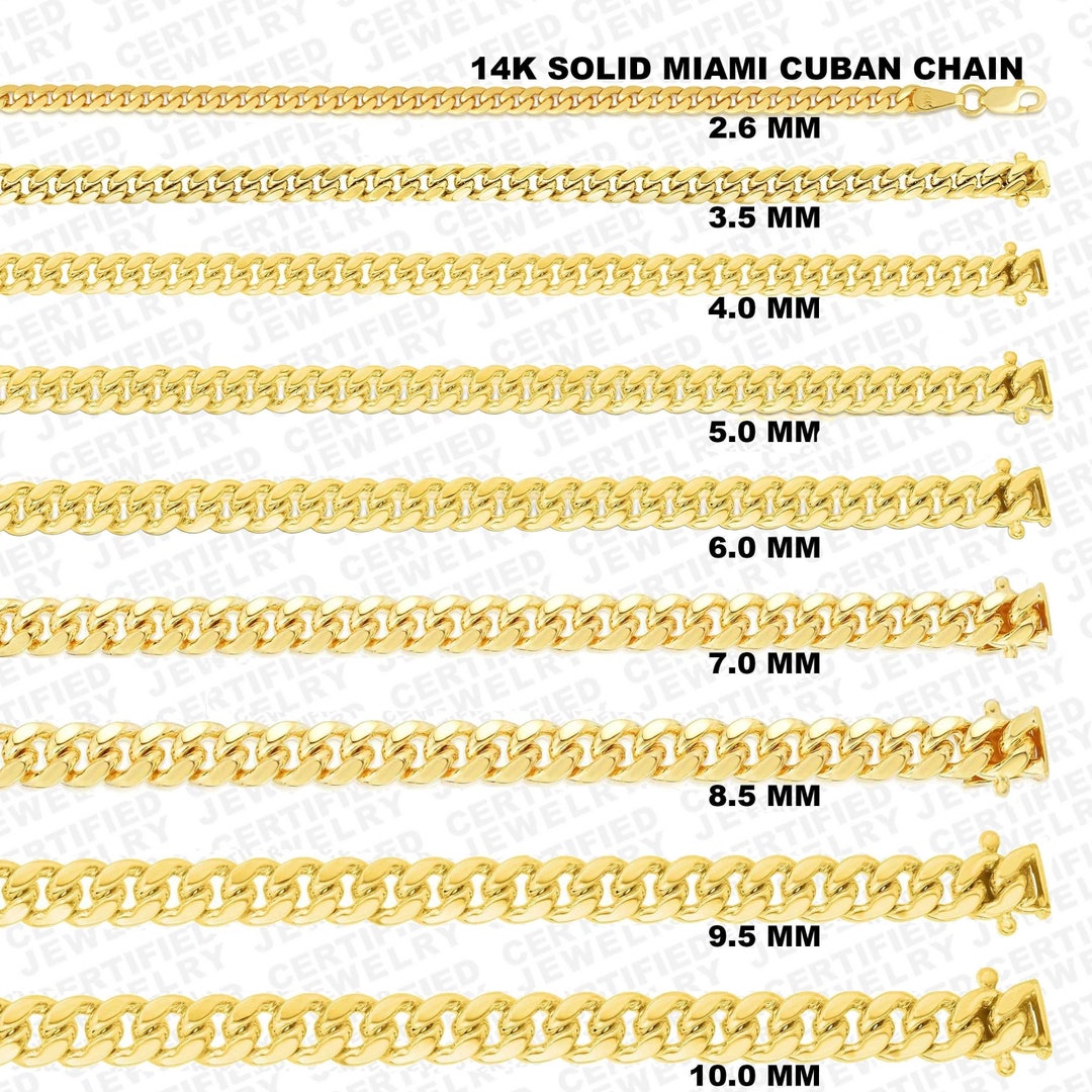 Solid 14K Yellow Gold Miami Cuban Chain Necklace, 20 30 Inch, 2.5mm 10mm Thick, Cuba Link Chain ...