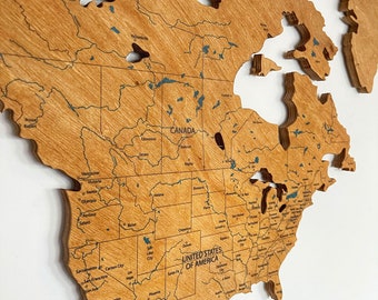 Wooden Wall Map With Cities and Rivers Wooden World Map With Print Wall ...
