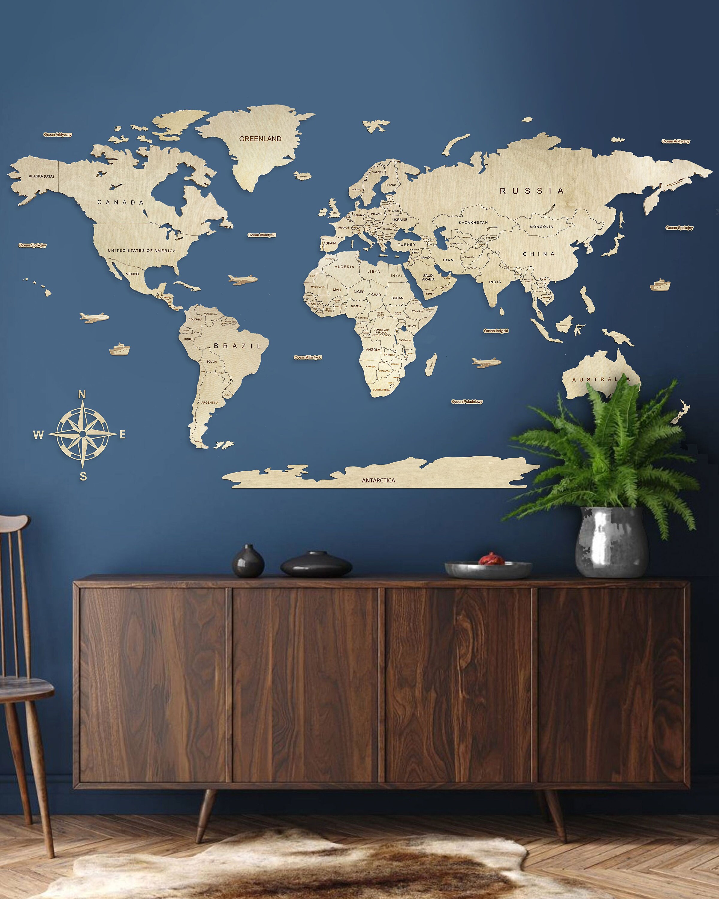 Wooden Wall Map Wooden Map of the World Wind Rose Frames - Etsy