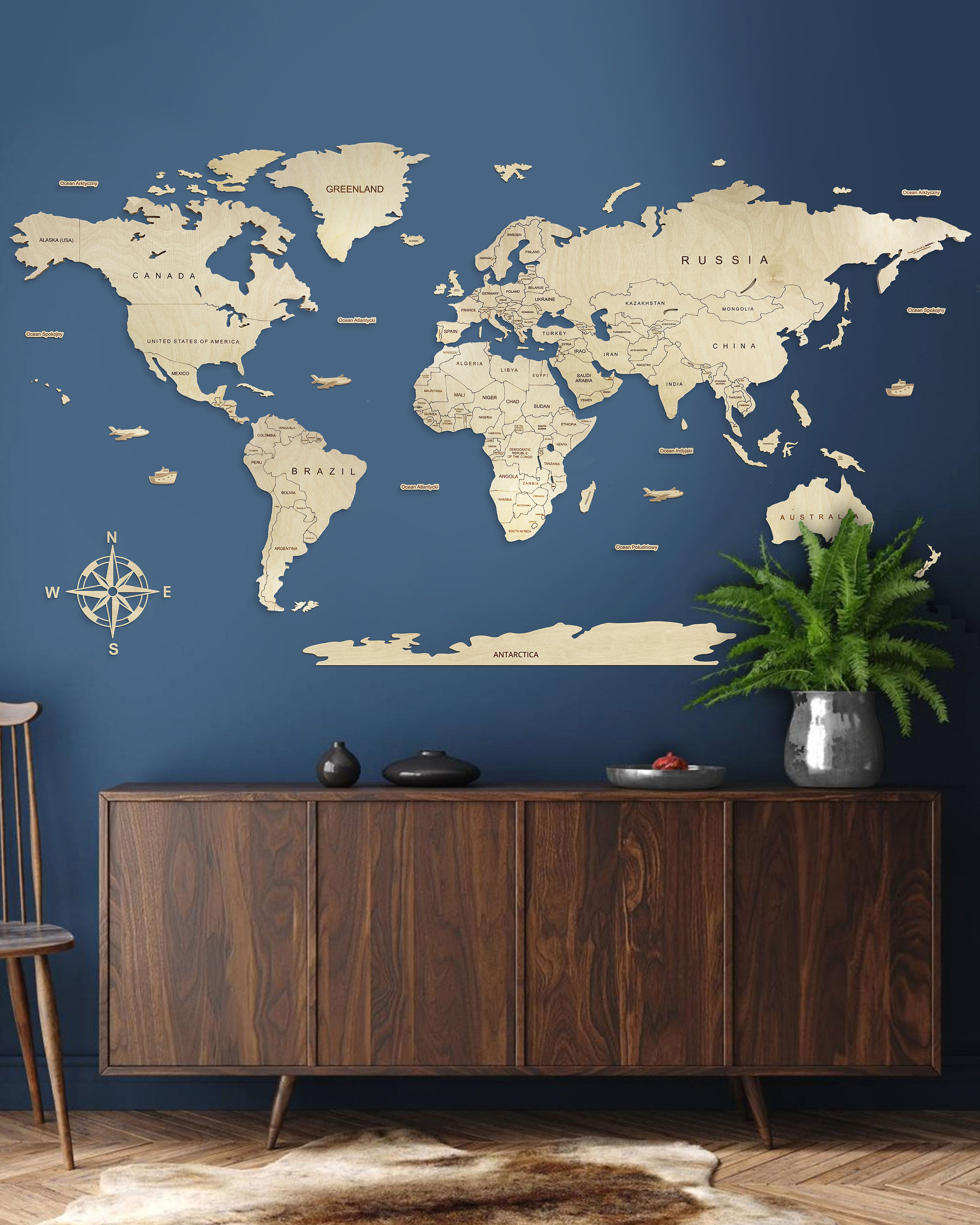 Wooden Wall Map | Wooden Map of the World | Wind Rose | Frames | Wall ...