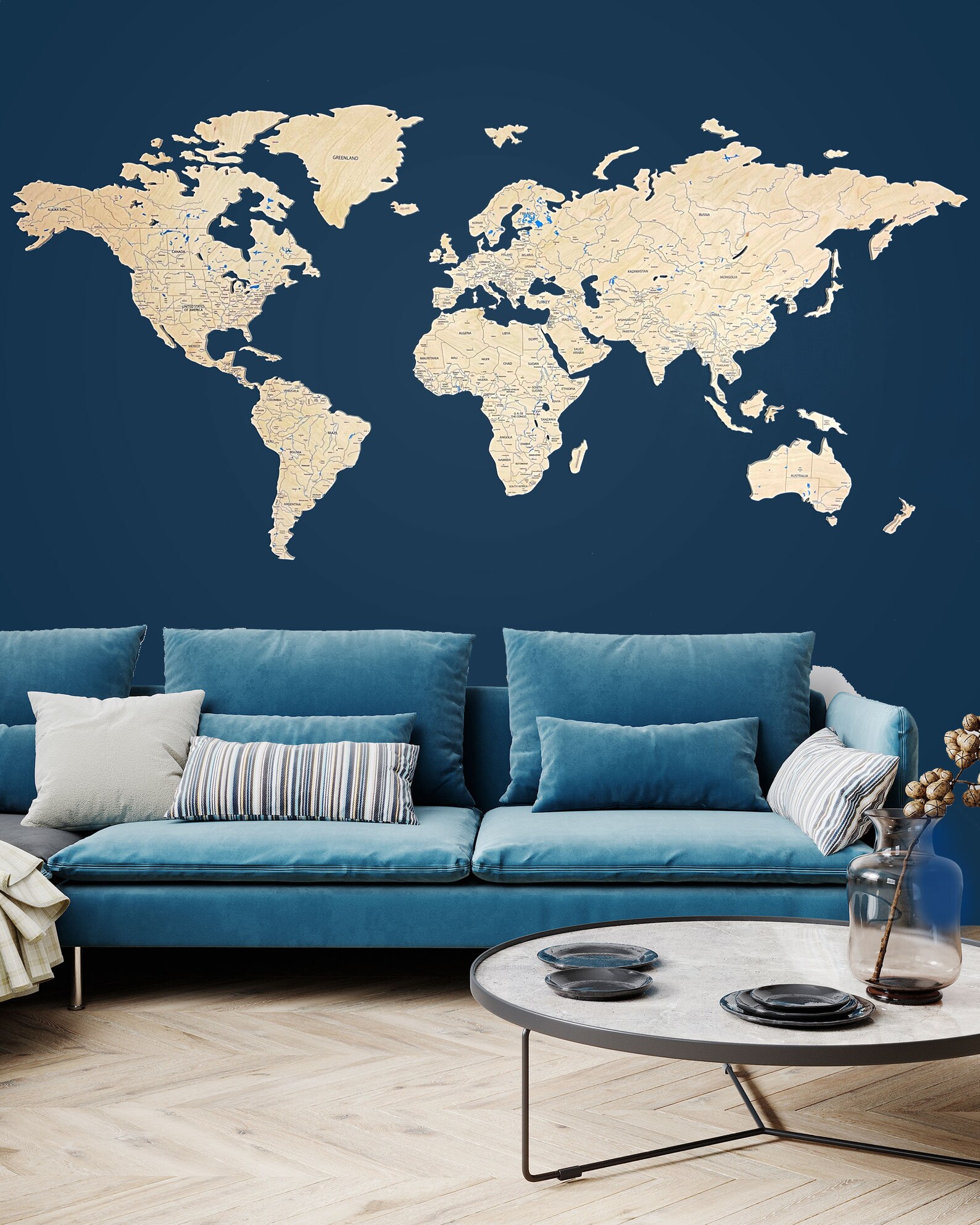 Wooden Wall Map With Cities and Rivers Wooden Map of the World | Etsy