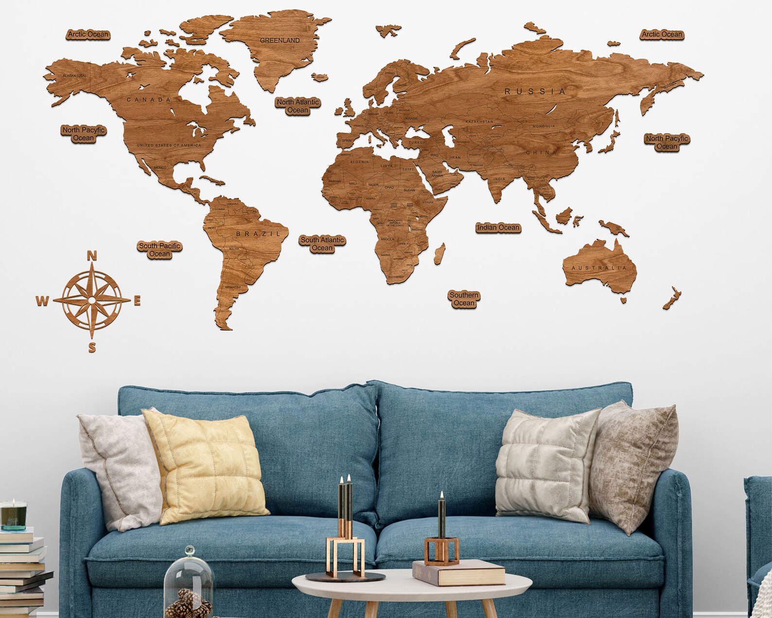 Wooden Wall Map Wooden Map of the World Wind Rose Frames | Etsy Canada