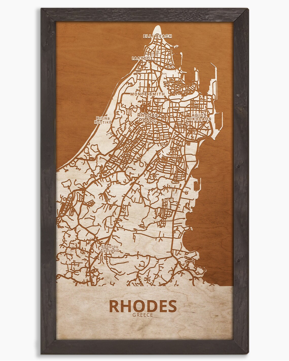 Rhodes City Map Wall Art Rhodes Engraved Wood Map Wall | Etsy