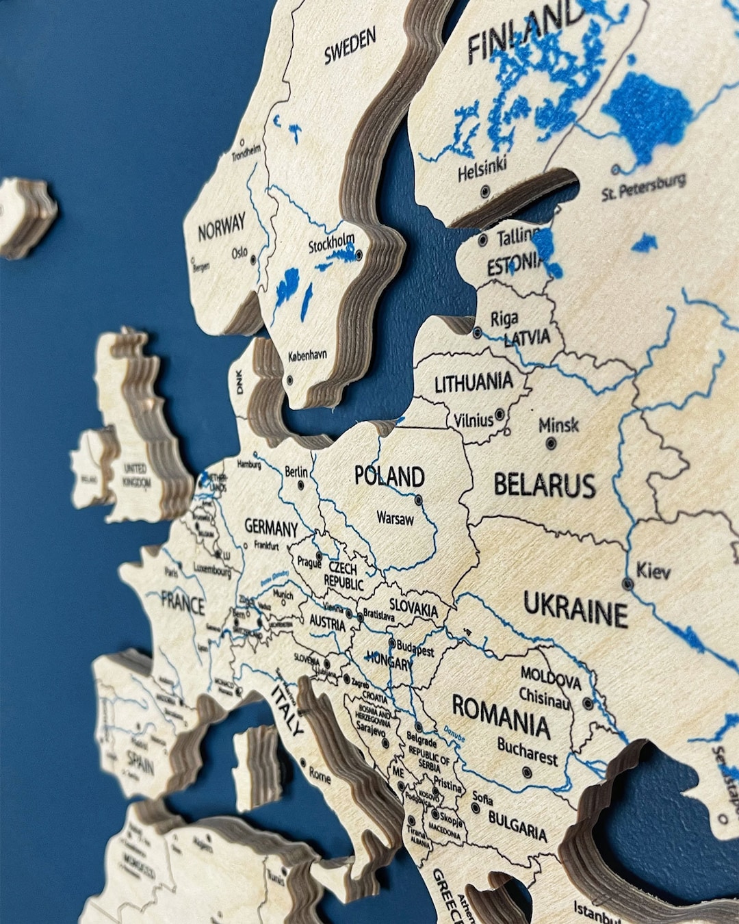 Wooden Wall Map With Cities and Rivers Wooden World Map With Print Wall ...