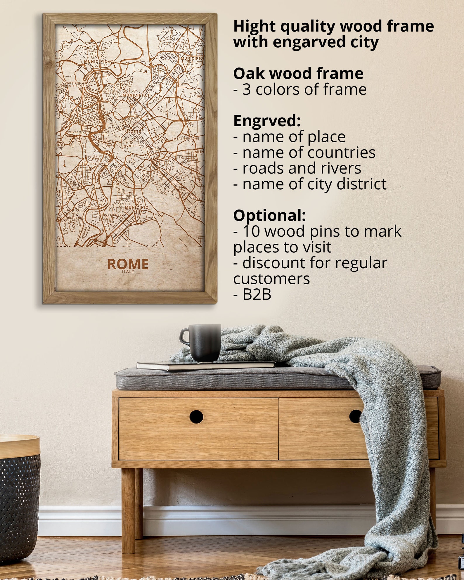 Rome Wood Map, Map of Rome, Wood Map of Rome Wall Art, Modern City Gift ...