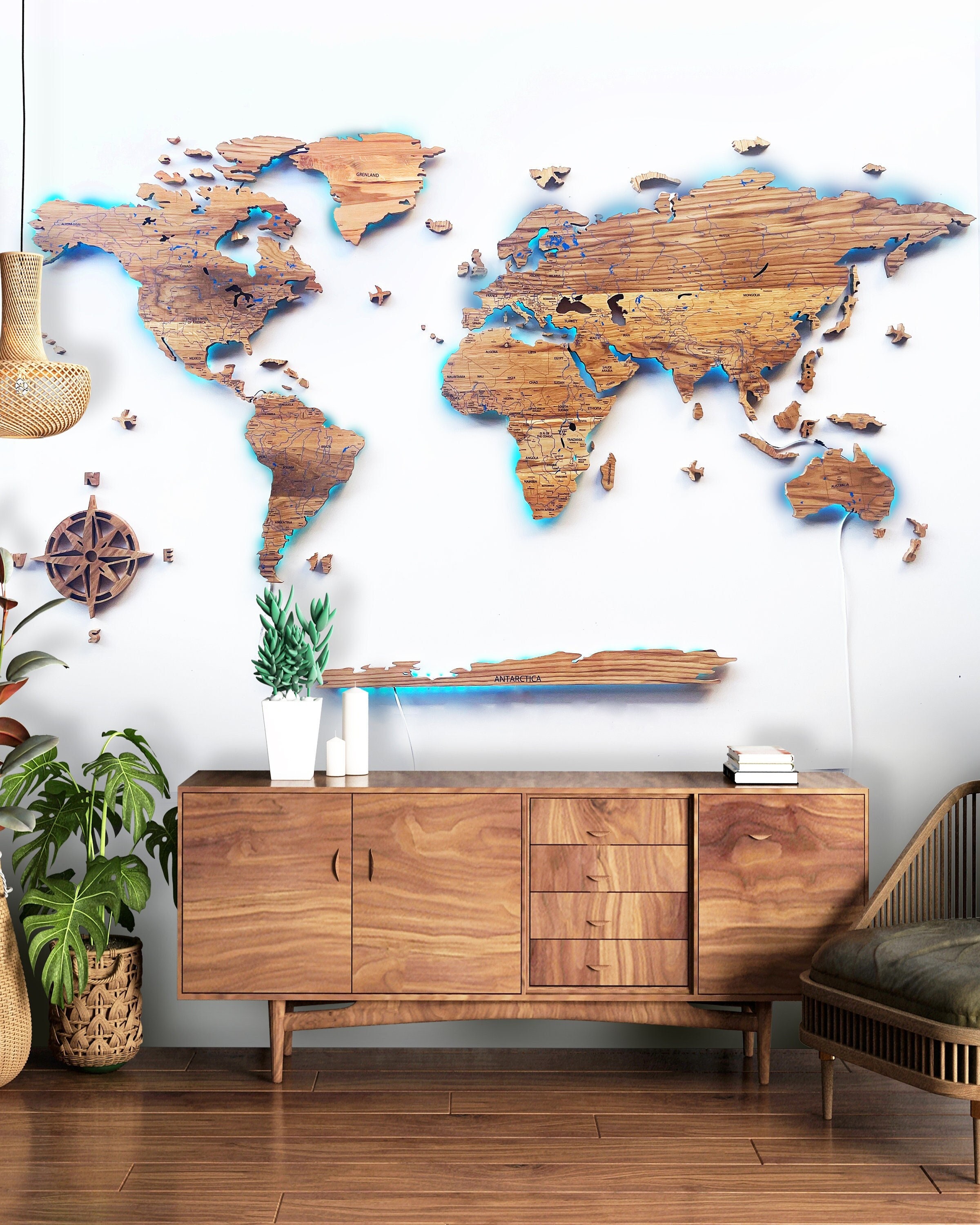 LED Map Oak Map World Map World Map With Leds Living Room Decor Home ...