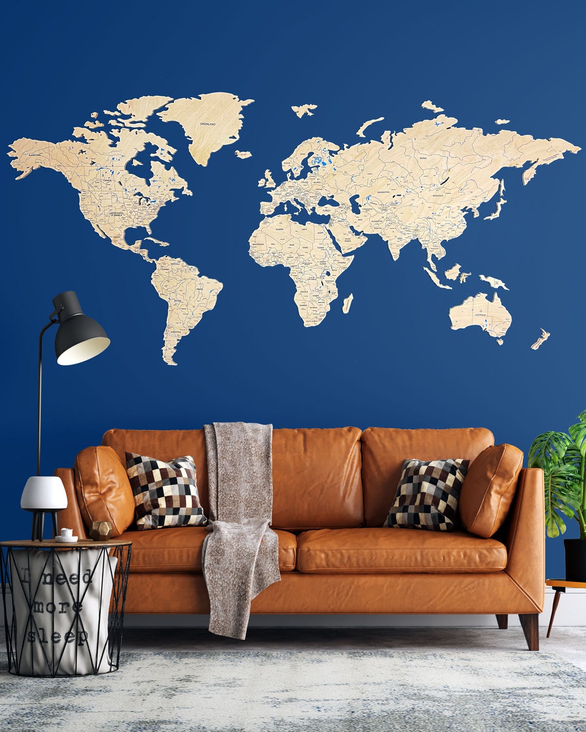 Wooden Wall Map With Cities and Rivers Wooden World Map With Print Wall ...
